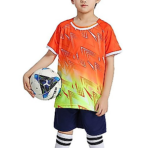 Fldy Kids Youth Soccer Sport Training Uniform 2 Piece Athletic Suit Football Jersey Short Sleeve T-shirt with Shorts Kit Orange&Yellow 7-8 Years