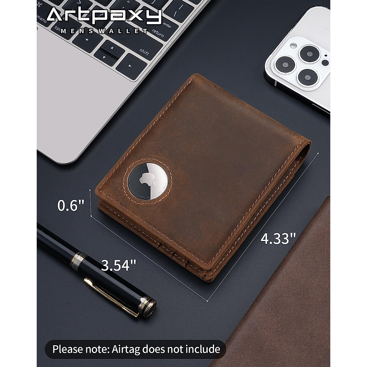Mens Wallet With AirTag Holder, Bifold Leather RFID Blocking 2 ID Windows 12 Card Holders, Gift Box and Screen Protector Included, AirTag Not Included