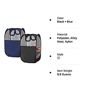 BENJUNC 2 laundry baskets, pop-up laundry baskets, foldable mesh laundry baskets (each with 2 reinforced handles), black + blue…