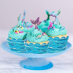 Whaline 48Pcs Ocean Wave Cupcake Wrappers Blue Sea Waves Cupcake Liners Summer Ocean Paper Baking Cup Cupcake Holders for Birthday Summer Ocean Theme Party Cake Decorations