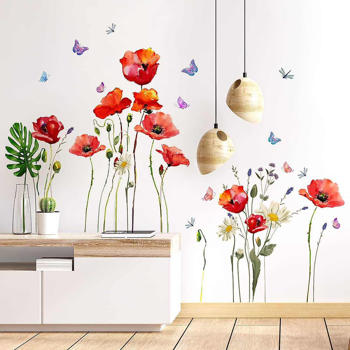 Red Poppy Flowers Wall Decals Daisy Floral Butterfly Wall Stickers DIY Removable Green Leaf Plant Flower Wall Art Decor for Kids Girls Bedroom Living Room Nursery Playroom Decoration DT-MS091