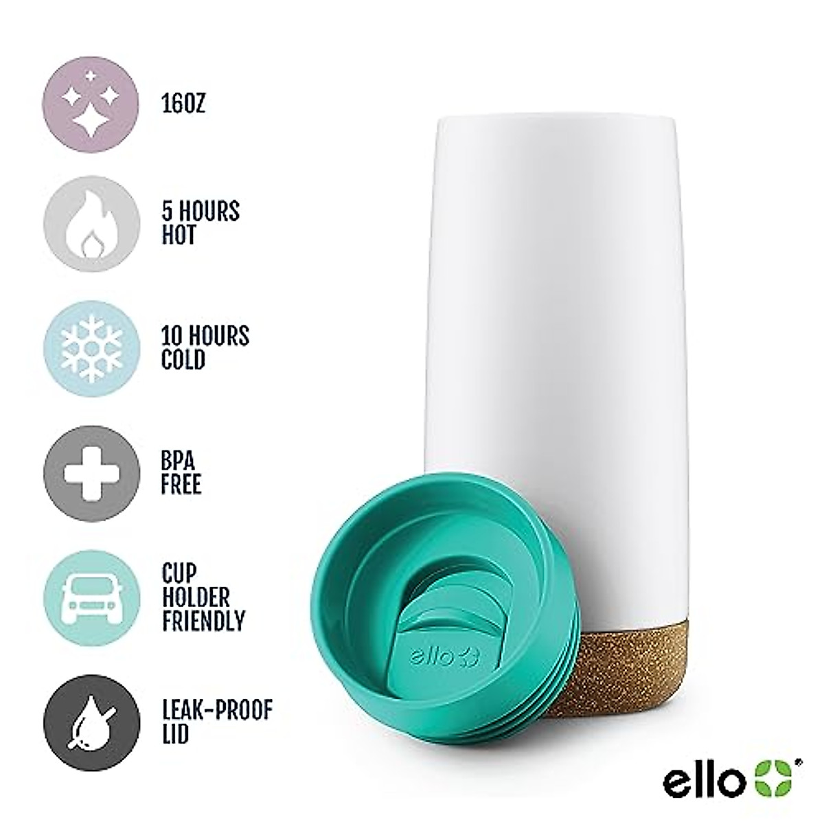 Ello Cole Vacuum-Insulated Stainless Steel Travel Mug, Teal, 16 oz