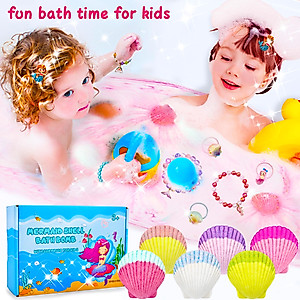 Mermaid Bath Bombs for Kids Girls with Surprise Inside, 6 Pcs Natural Fizzy Princess Fun Shell Bubble Bath Bomb Kit with Jewelry Toys, Christmas Easter Basket Stuffer Valentines Day Birthday Gift Set