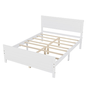 Queen Size Wood Platform Bed Frame with Headboard, Mattress Foundation with Slat Support, No Box Spring Needed, White