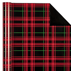 WRAPAHOLIC Reversible Wrapping Paper - Mini Roll - 17 Inch X 33 Feet - Red and Black Plaid Design for Birthday, Christmas, Holiday, Party, Baby Shower