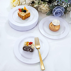 WELLIFE 200 Pieces White Plastic Dessert Plates with Gold Disposable Forks, Premium Hard Plastic Dessert Plates 7.5”, Appetizer Plastic Plates for Christmas, Wedding, Party