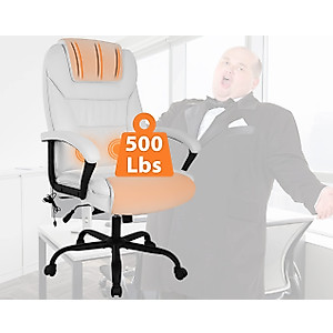 500 LBS Ergonomic Executive Office Chair, High Back Desk Chair with Massage Lumbar Support, Swivel Rocking Chair Computer Desk Chair with Padded Armrest and Adjustable Height, White