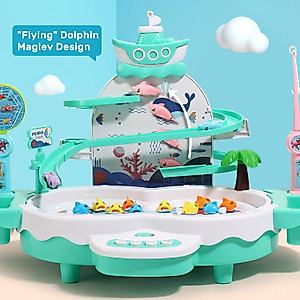 CUTE STONE Fishing Game Toys with Slideway,Electronic Toy Fishing Set with Magnetic Pond,10 Fish,3 Magnetic Dolphins,2 Toy Fishing Poles,Learning Educational Toys with Music Story for Kids Toddlers