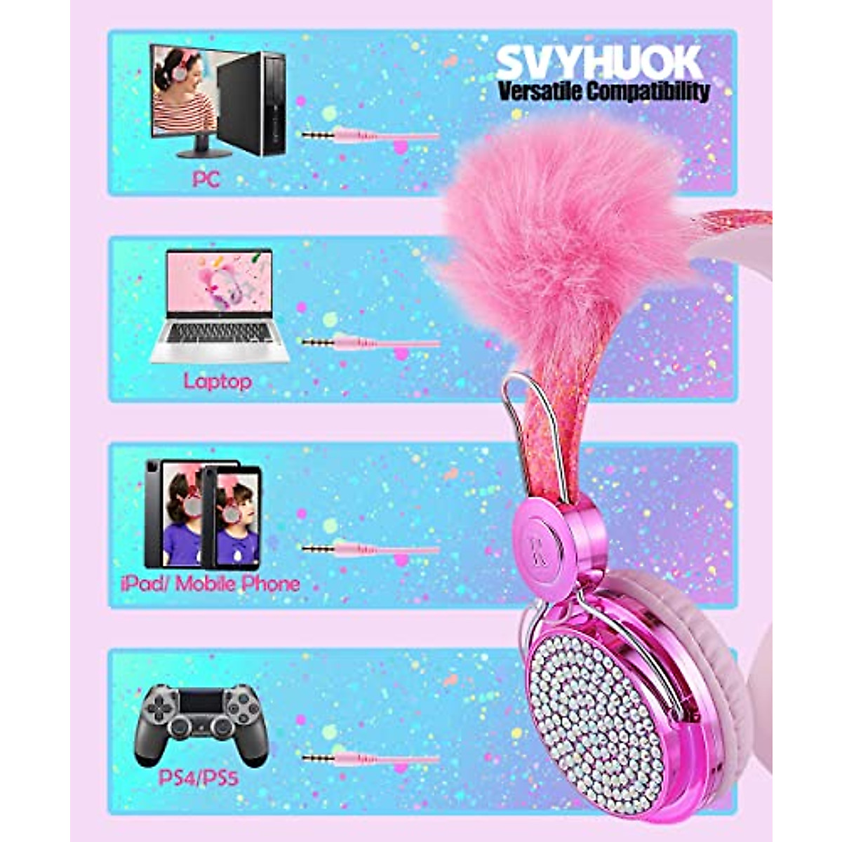 SVYHUOK Pompoms Pink Unicorn Wired Headphones,Cute Cat Ear Kids Game Headset for Girls Teens Tablet Laptop PC,Over Ear Children Headset withMic,for School Birthday Xmas Gifts