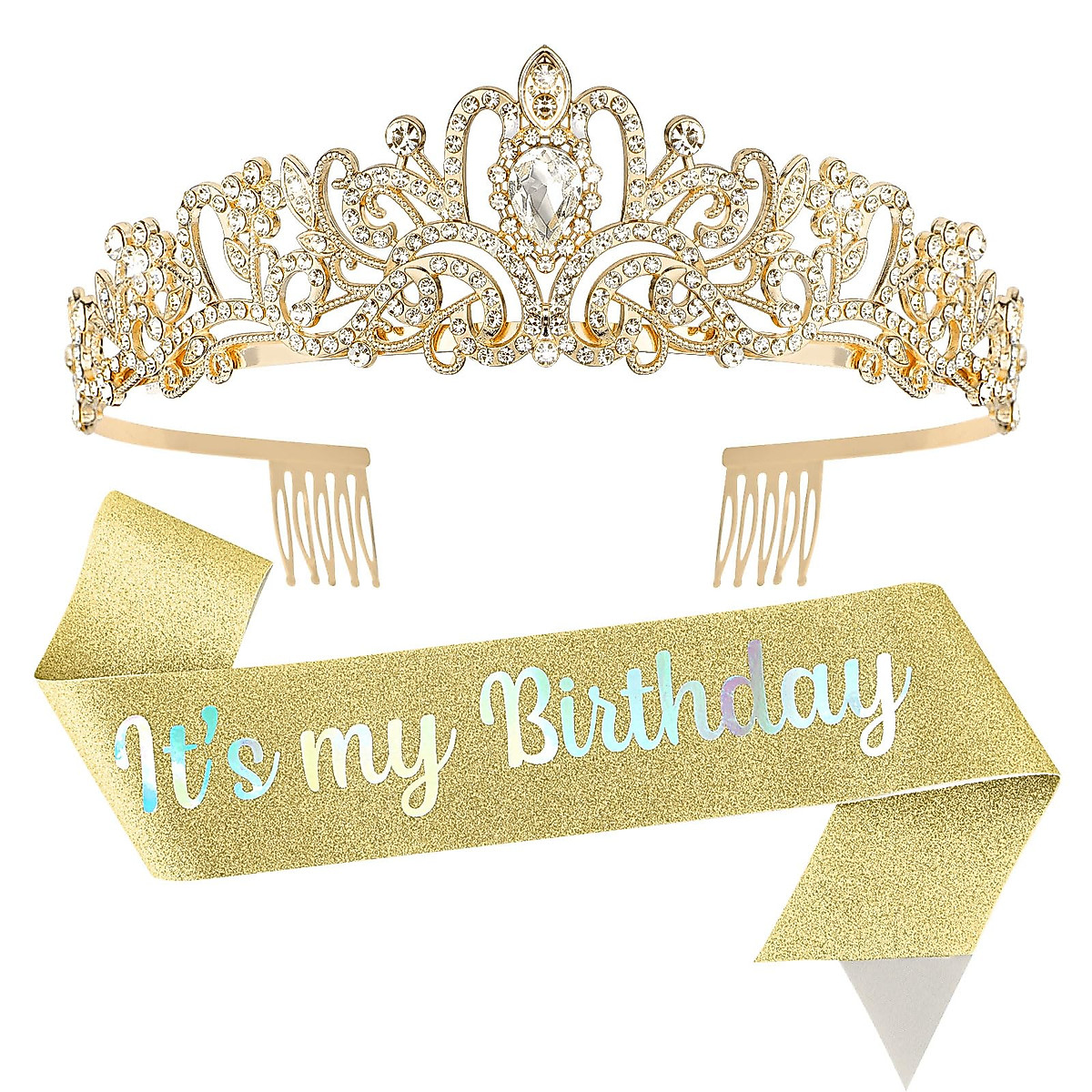YISSION Birthday Girl Sash & Crown Gold Princess Tiara Crown for Women Girls Happy Birthday Queen Crown & Sash Birthday Tiaras & Crowns for Women Crystal Birthday Headband Birthday Party Decorations