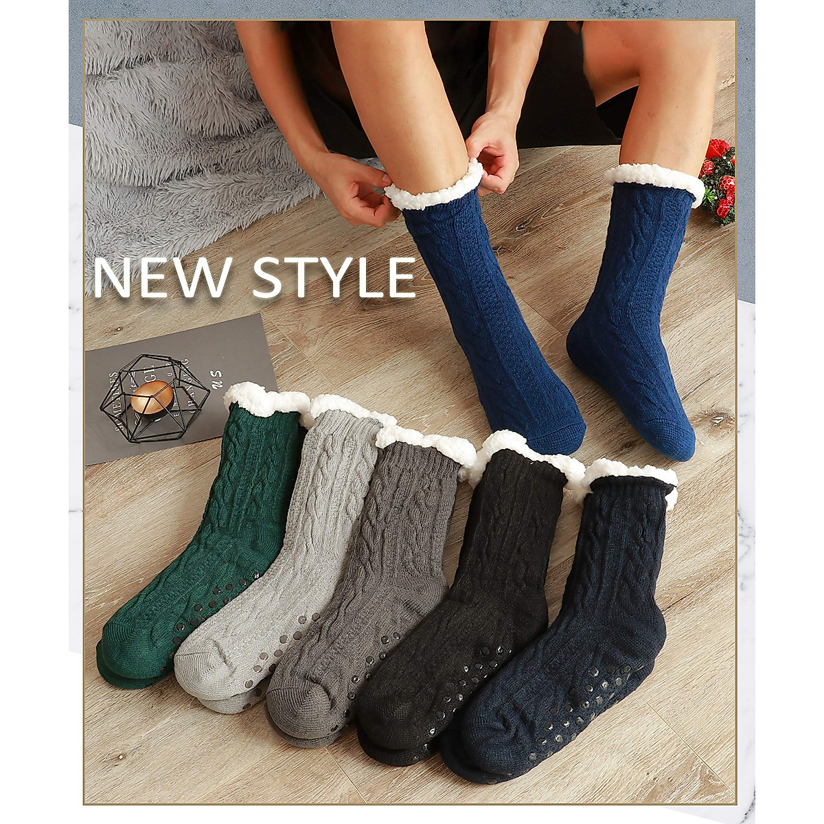 EBMORE Mens Slipper Fuzzy Socks Winter Cozy Fluffy Cabin Warm Fleece Soft Comfy Thick Non Slip Christmas Home Stocking Stuffer (Blue)