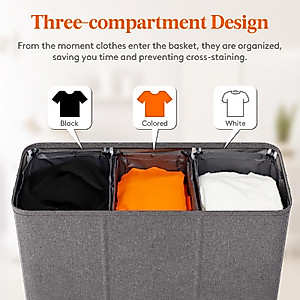 Lifewit 180L Laundry Hamper 3 Section, Extra Large Laundry Basket with Lid, Dirty Clothes Basket with Handle, Divided Laundry Sorter Organizer with 3 Removable Washing Bags, Light Gray