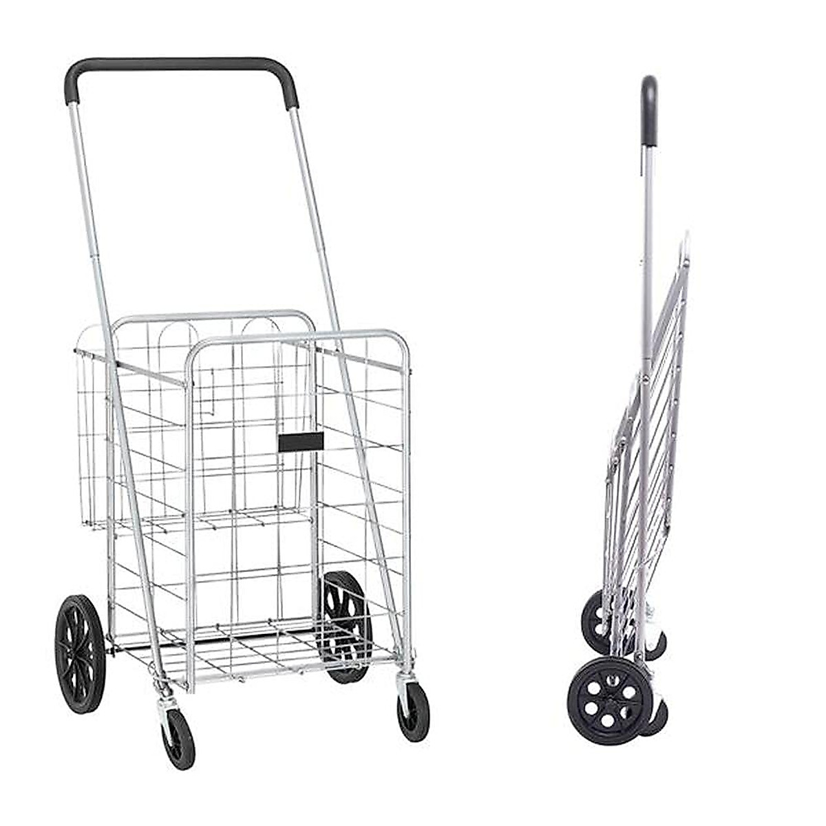 XYYSSM Iron 1200mm Telescopic Armrest 0.8mm 16# Round Tube 50kg Silver Foldable Shopping Cart, Shopping Cart with Dual Swivel Wheels for Groceries - Compact Folding Portable Cart Saves Space