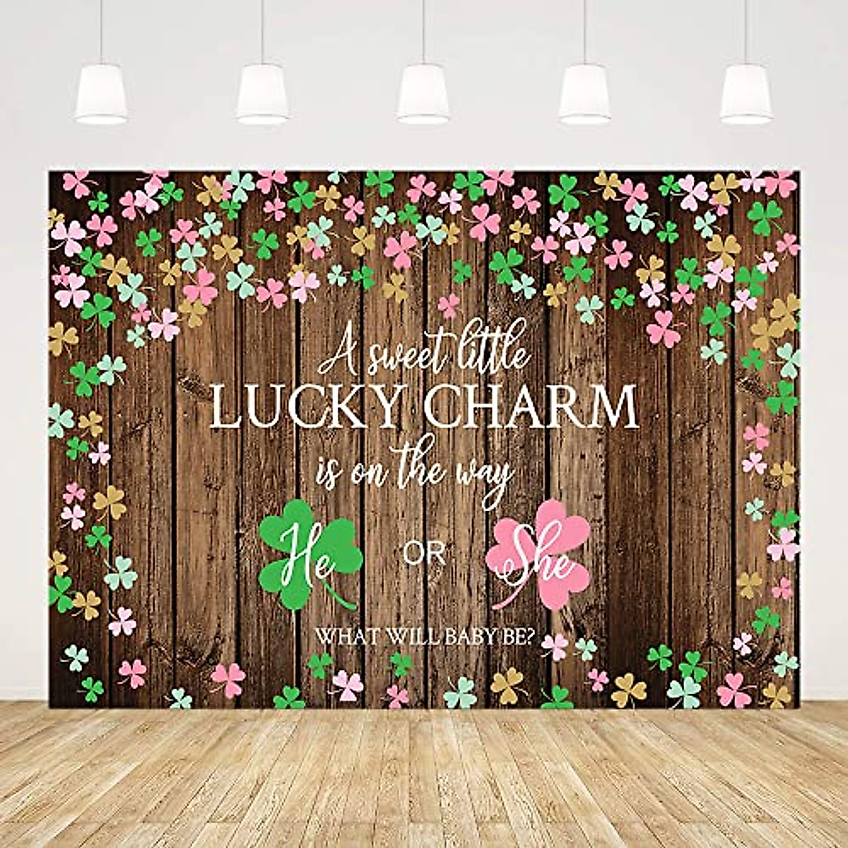 MEHOFOND Lucky Charm Gender Reveal Backdrop St. Patrick's Day Baby Shower Party Decor Banner Supplies Pink or Green Shamrock Clover Background Cake Table Studio Photo Prop Vinyl 7x5ft