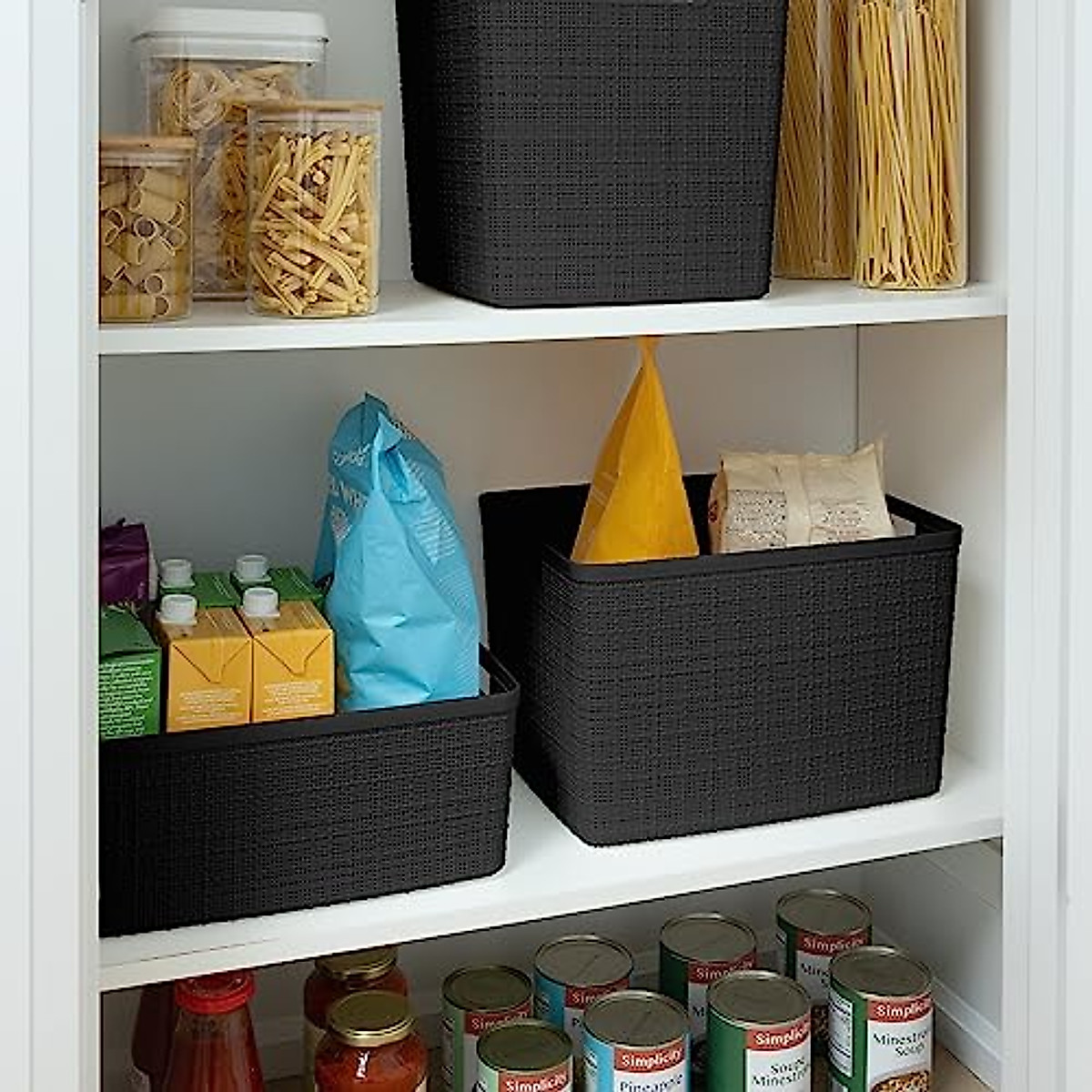 Curver Jute Large Decorative Plastic Organization and Storage Baskets, Perfect Bins for Home Office, Closet Shelves, Kitchen Pantry and All Bedroom Essentials, Pack of 4, Black
