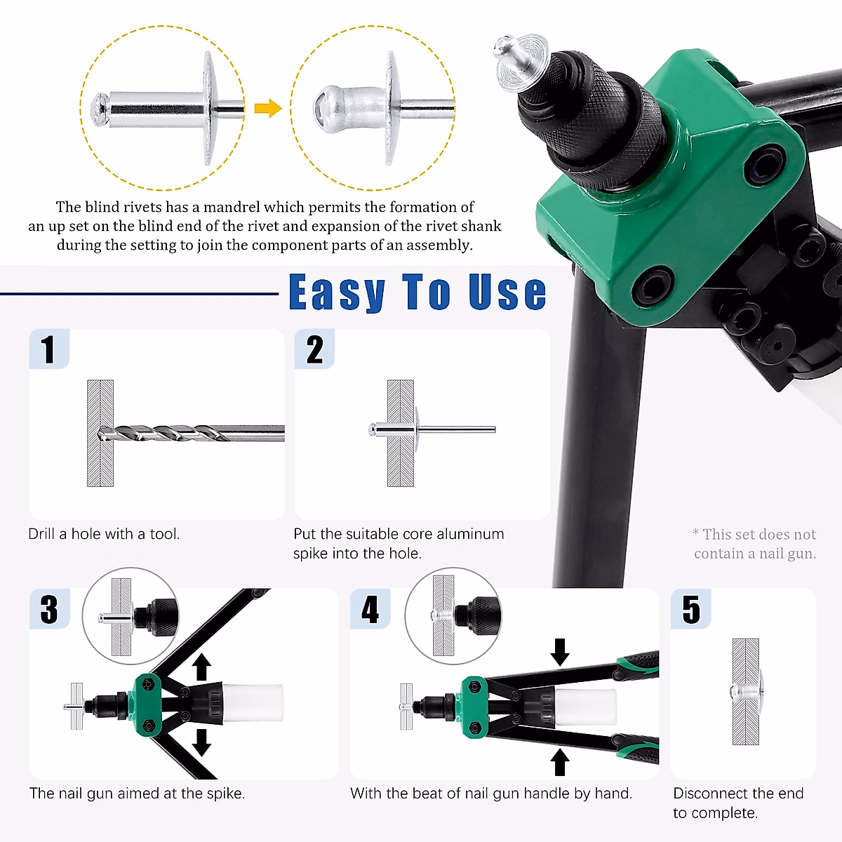 Glarks 125Pcs 5 Sizes Large Flange Aluminum Blind Rivets Pop Rivets Assortment Set for Joining Metal Plate Pipe Automotive