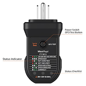 Mastfuyi Outlet Tester, Socket Tester for GFCI/Standard North American AC Electrical Outlets, Receptacle Tester for Standard 3-Wire 120V Electrical Receptacles, Detects Common Wiring Problems