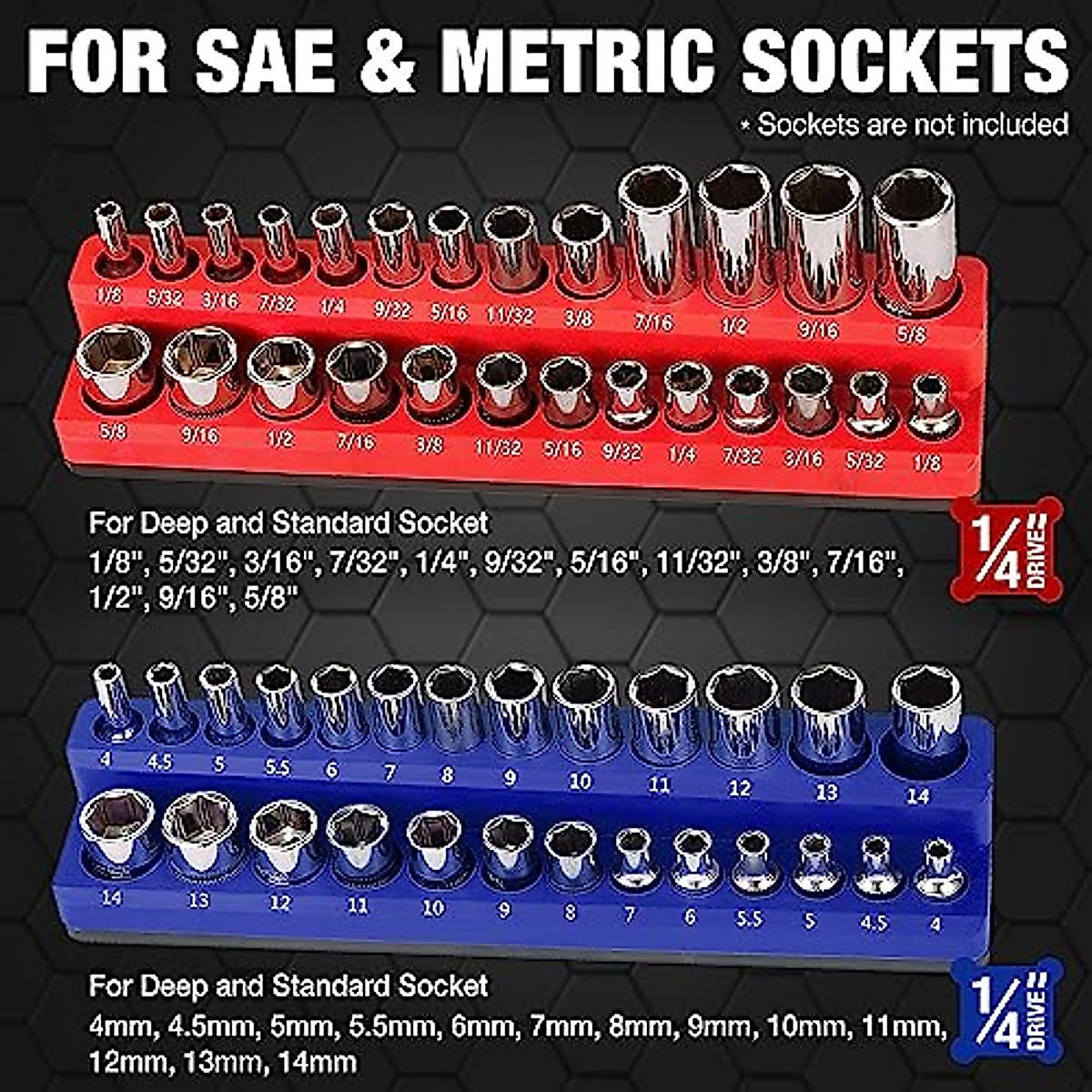 ALOANES 52-Slot Magnetic Socket Organizer, 2PC Socket Holder Kit, 1/4-inch Drive Premium Socket Tray Holders,for Standard and Deep Metric SAE Sockets, Heavy Duty Tools Organizer(Red&Blue)