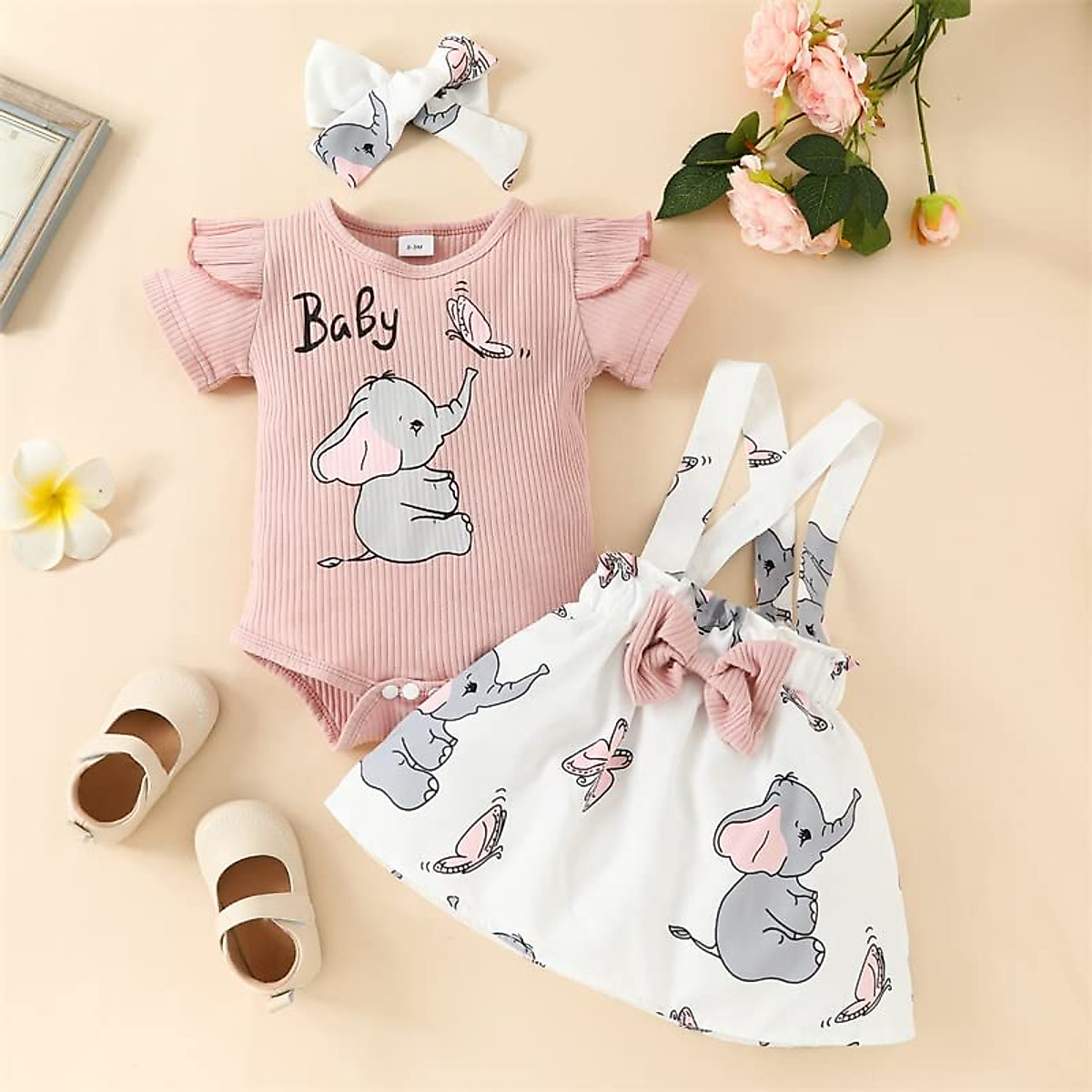 Maemukilabe Infant Newborn Girl Elephant Outfits Headband Ruffle Romper Suspender Skirt Sets Baby Girls ' Clothing Sets (Pink, 0-3 Months)