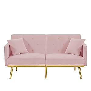 ROCKINGRUN 59'' Convertible Velvet Sofa Bed, Loveseat Sofa Bed with Metal Support Feet, Modern Comfy Loveseat Couch, Adjustable Backrest, Stylish Tufted Sofa Bed for Living Room, Bedroom (Pink)