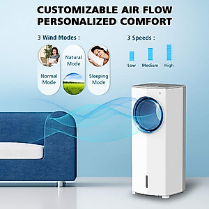 3 In 1 Evaporative Air Cooler, LifePlus Portable Bladeless Cooling Fan w/Cooling & Humidification Function, Swamp Cooler with 2 Ways Water Filling, Remote Control, 3 Wind Speed and 4 Modes, 1 Gallon Water Tank for Living Room Office