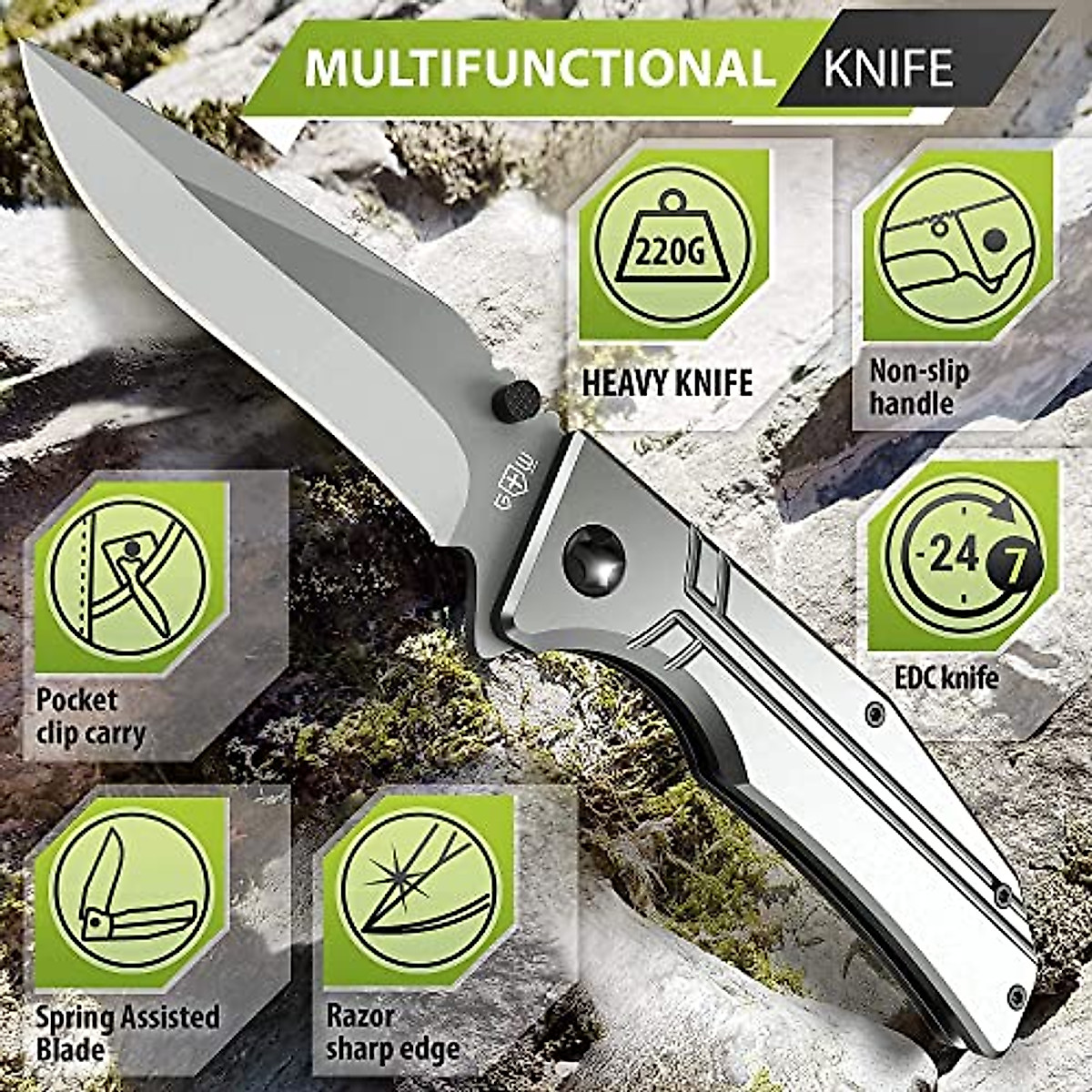 Bundle of 2 Items - Spring Assisted Knife - Pocket Folding Knife Military Style Knife-Tactical Knife -Folding Knife with Glass Breaker and Pocket Clip - Good for Camping Outdoor Activities