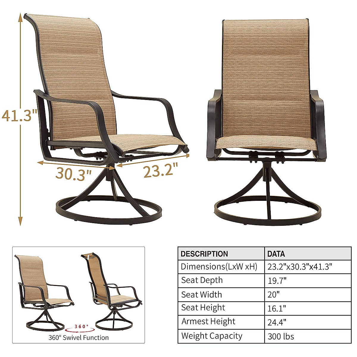 PatioFestival Patio Dining Chairs Textilene Outdoor High Back Swivel Rockers with All Weather Frame (Beige,Set of 2)