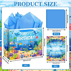 Sea Animals Party Supplies Ocean Animals Birthday Gift Bag with Tissue Papers Card Blue Under the Sea Birthday Wrapping Paper Bag for Underwater Pool Beach Birthday Baby Shower Party Decorations