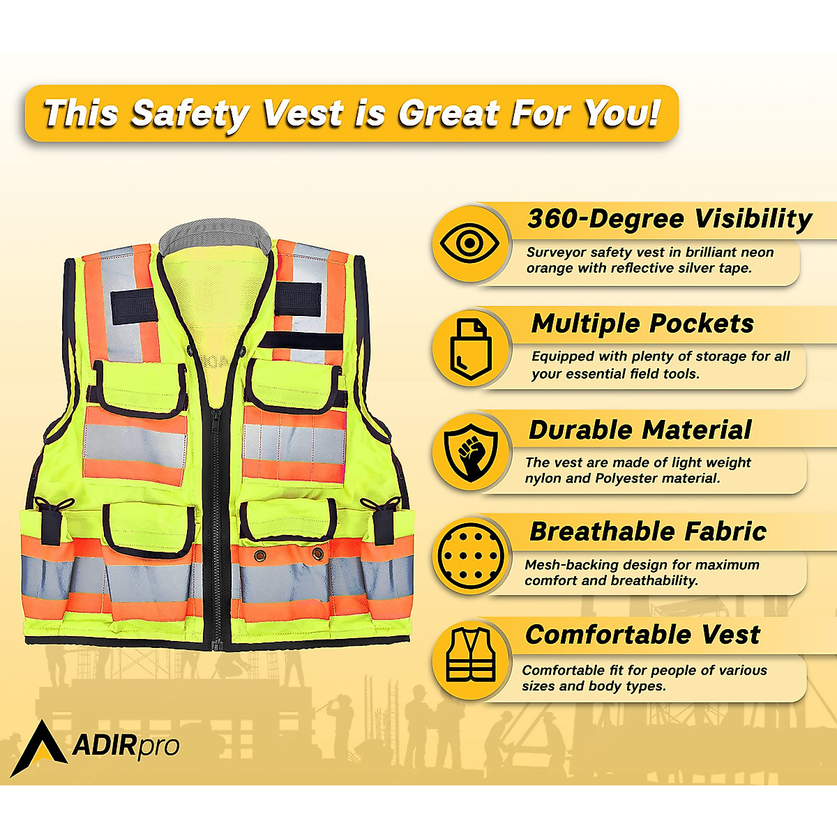 AdirPro Safety Vest - High Visibility Reflective with Zipper and Utility Pockets for Surveyors Engineers Class 2 Construction Workers, Fluorescent Yellow, 10