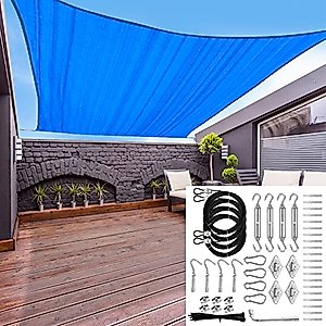 Sun Shade Sail 16'x16' Blue & Shade Sail Hardware Kit with Nylon Coated Cable Wire