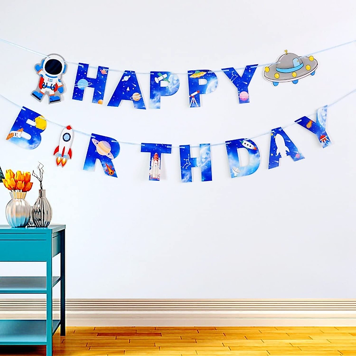 Rocket flying saucer happy birthday garland banner letter astronauts style birthday flag party decoration children spaceship galaxy birthday banner