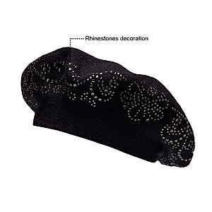 LADYBRO Barre Hat Wool Beret Hats for Women Rhinestone Womens Hats and Caps Winter Black