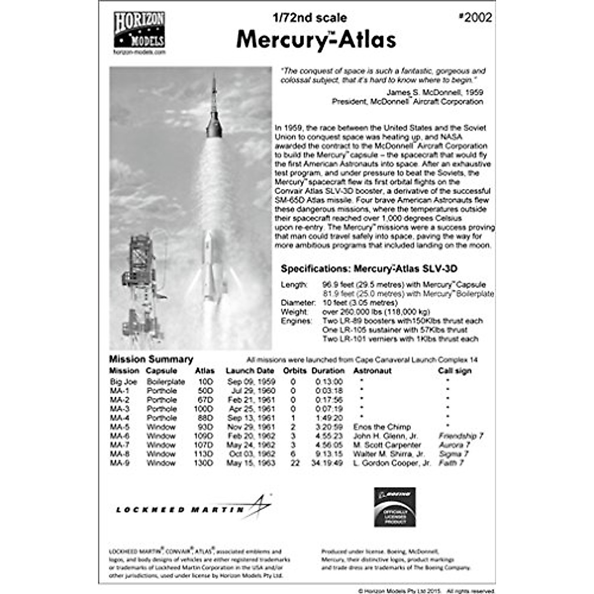 Horizon Models 1/72nd Scale Mercury™-Atlas Plastic Model Kit