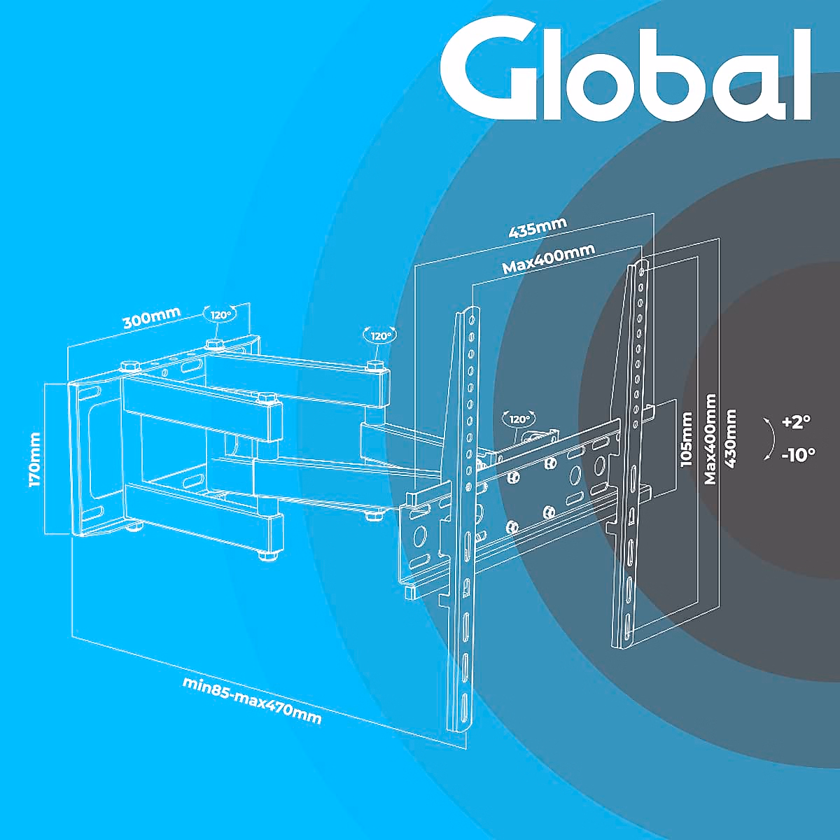 Global Electronics Wall Mount TV and Monitors, Mount Double Arm, Bracket Full, Motion with Long Arm for Corner/Flat Installation fits 30 to 60" Flat/Curve TVs, Mount VESA 400x400mm, Tv Stand