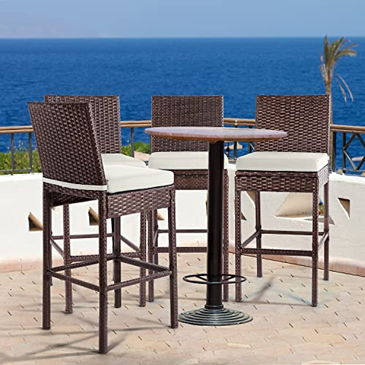 Outdoor Bar Stools Wicker Woven Patio Stools & Patio Bar Chairs Set of 4 Counter Bar Height Stools with Footrest Armless Cushion Beige All Weather Rattan Garden Stool for Pool Lawn Porch Backyard