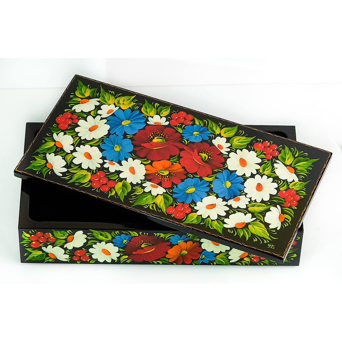 UA Creations Petrykiv Ethnic Rectangular Lacquered Wooden Jewelry Box with Lid, Hand Painted Flowers on Black, Beautiful Floral Design Gift for Women (red and blue)