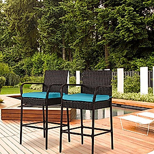 Kinsunny 2 PCs Patio Wicker Rattan Bar Stools Bistro Set Tall Stools Chair All Weather Outdoor Furniture Barstool with Cushions and Armrest, Brown