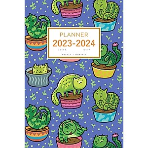 Planner 2023-2024: 6x9 Weekly and Monthly Organizer from June 2023 to May 2024 | Cute Flowerpot Cat Cactus Design Blue