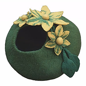 Earthtone Solutions Cat Cave Bed, Unique Green Handmade Felted Wool, Large Covered and Cozy, Also Perfect for Kittens, Original Cat Caves, (Emerald Haven)