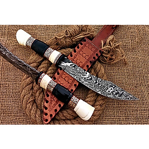 HUNTEX Unique Custom Handmade Hand-Forged Ladder Pattern Damascus Steel 12 Inch Long Full Tang Buffalo Horn Handle Razor Sharp Hunting Camping Spay Point Slicer Knife with Genuine Leather Sheath