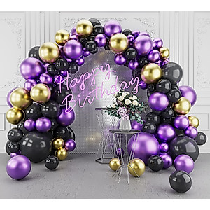 Metallic Purple Black Balloons Garland Arch Kit-143Pcs for Baby Shower, Birthday, Graduation, Engagement, Anniversary with Black & Gold Accents