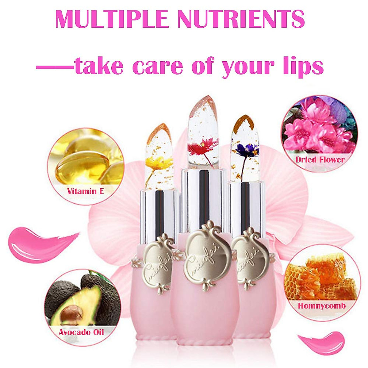 Eakroo Flower Lip Gloss Crystal Jelly Lipstick, 6 Packs Long Lasting Nutritious Lip Balm Lips Moisturizer Magic Temperature Color Change Lipgloss (pink)
