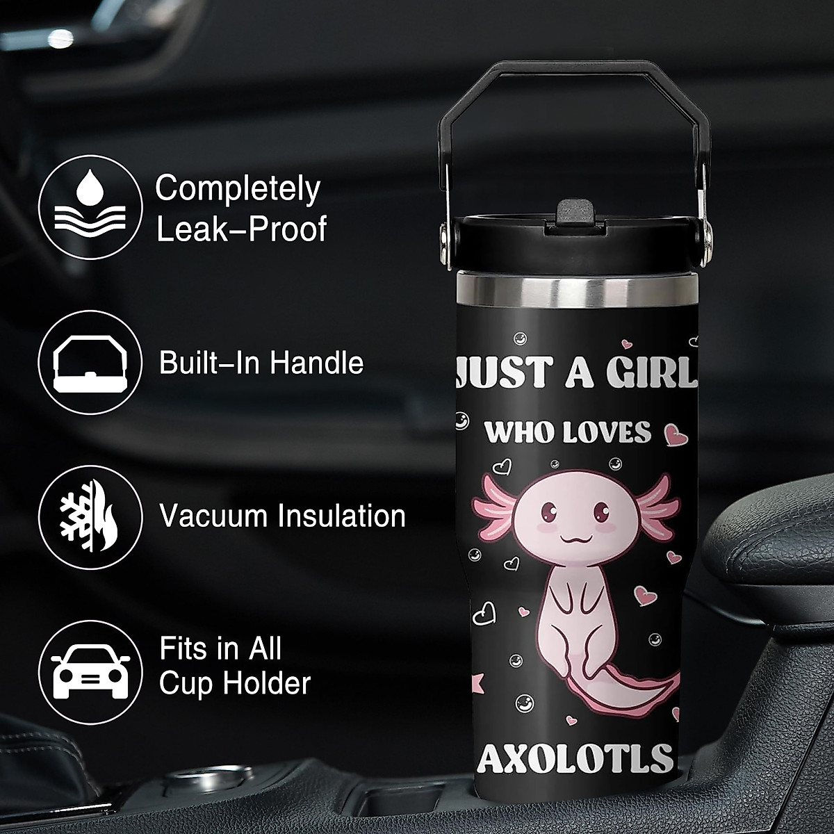 Queen Hero 30 oz Axolotls Tumbler with Handle, Large Insulated Tumbler with Flip & Straw Coffee Mug Cup Stainless Steel Gifts for Women Men Youth