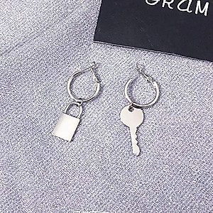 Lock and Key Earrings for Women.Asymmetric Lock Key Earring, Padlock Dangle Hoop Earrings Key Punk Edgy Aesthetic Earrings