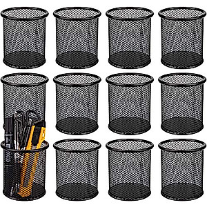 Nicunom 12 Pack Metal Pen Holder Mesh Pencil Holder Desk Organizer Mesh Round Pen Cup Pencil Cup for Desk Office Pen Organizer, Black