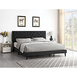King Upholstered Platform Bed Frame with 48" Tall Adjustable Headboard - Button Tufted Suede Velour Bed- Wood Slat Support with Storage Space- No Box Spring Needed - Black - OLIVER & SMITH - Princeton