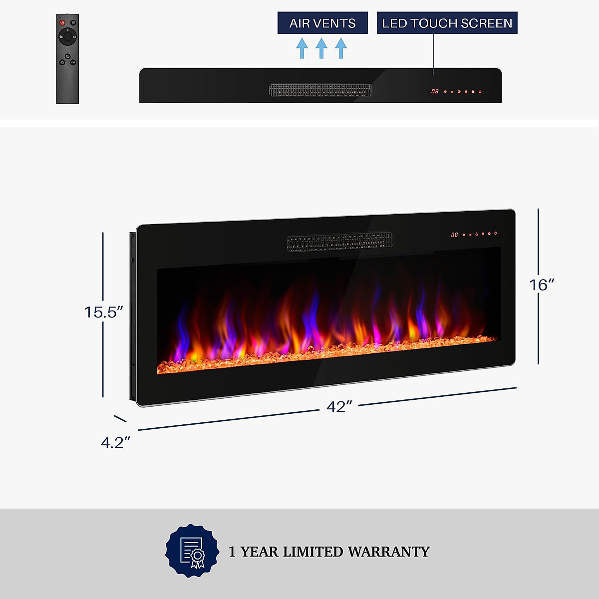 BELLEZE 42" Electric Fireplace Heater, 1400 W Recessed & Wall Mounted Electric Fireplace with Remote Control, Heater with Adjustable Flame Color and Brightness, Timer, Touch Screen
