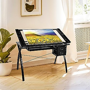 ComfyCorner Drafting Table for Artists, Adjustable Drawing Desk with Tempered Glass Tabletop, Tilting Draft Workstation Table with w/2 Drawers and Tray, Black