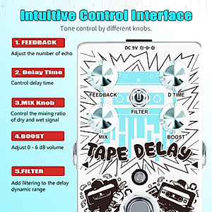 Rowin Tape Delay Guitar Pedal with Reverb Boost Effect Pedal Full Size True Bypass RE-01