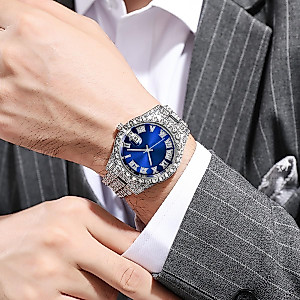 Men's Diamond Watch Fashion Crystal Rhinestone Quartz Analog Watch Iced-Out Bracelet Wrist Watch (Silver Blue)